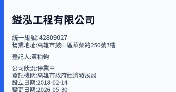 鎰泓工程有限公司的照片-統編 42809027(高雄市) 公司登記資料與營業項目詳細圖表