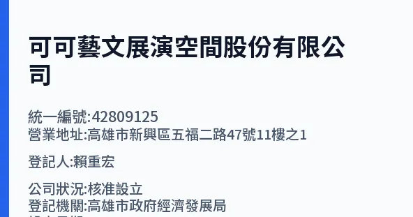 可可藝文展演空間股份有限公司的照片-統編 42809125(高雄市) 公司登記資料與營業項目詳細圖表