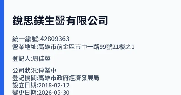 銳思鎂生醫有限公司的照片-統編 42809363(高雄市) 公司登記資料與營業項目詳細圖表