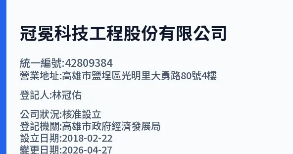 冠冕科技工程股份有限公司的照片-統編 42809384(高雄市) 公司登記資料與營業項目詳細圖表