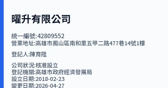 曜升有限公司的照片-統編 42809552(高雄市) 公司登記資料與營業項目詳細圖表