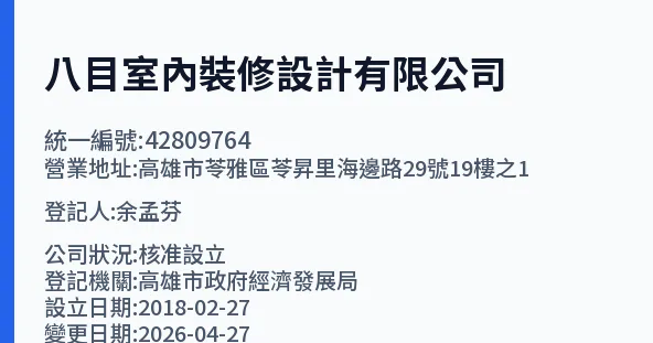 八目室內裝修設計有限公司的照片-統編 42809764(高雄市) 公司登記資料與營業項目詳細圖表
