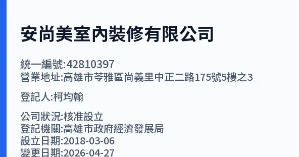 安尚美室內裝修有限公司的照片-統編 42810397(高雄市) 公司登記資料與營業項目詳細圖表