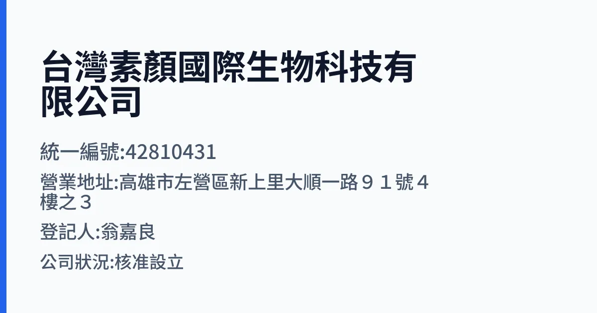 台灣素顏國際生物科技有限公司 - 統編 42810431(高雄市) 公司登記資料與營業項目詳細圖表