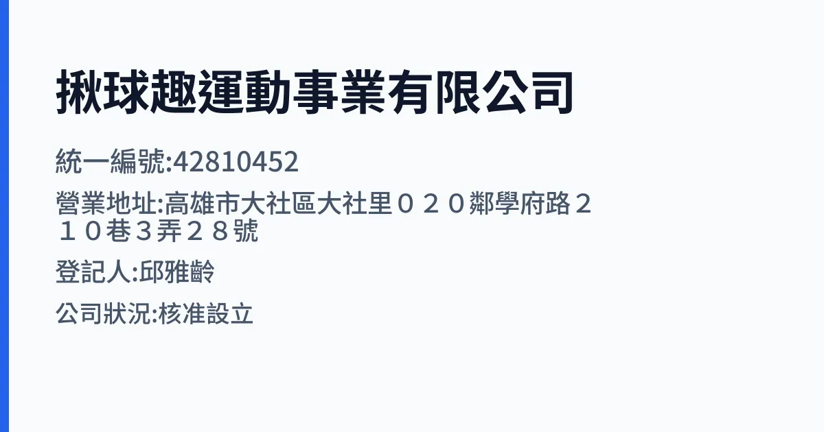 揪球趣運動事業有限公司 - 統編 42810452(高雄市) 公司登記資料與營業項目詳細圖表