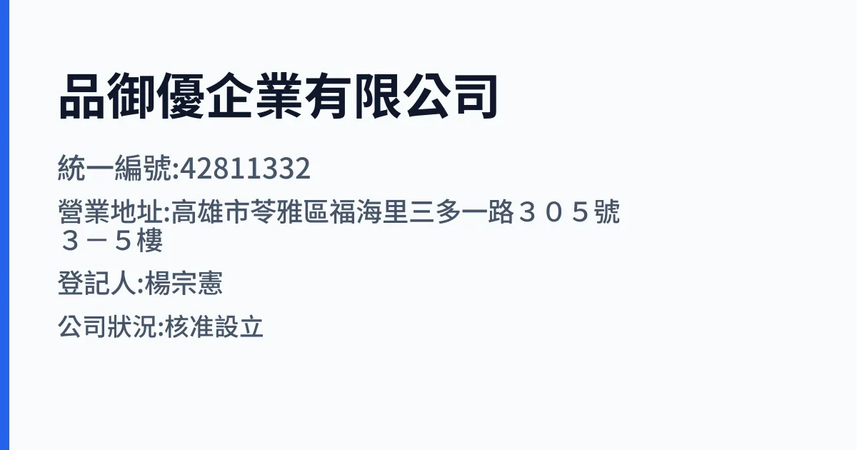 品御優企業有限公司 - 統編 42811332(高雄市) 公司登記資料與營業項目詳細圖表