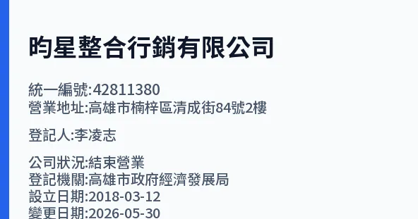昀星整合行銷有限公司的照片-統編 42811380(高雄市) 公司登記資料與營業項目詳細圖表