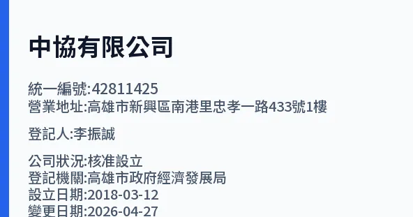 中協有限公司的照片-統編 42811425(高雄市) 公司登記資料與營業項目詳細圖表