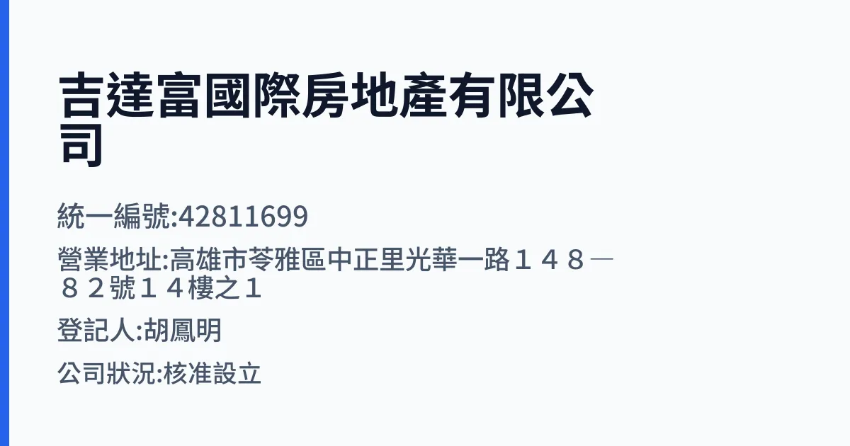 吉達富國際房地產有限公司 - 統編 42811699(高雄市) 公司登記資料與營業項目詳細圖表