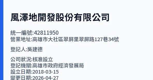 風澤地開發股份有限公司的照片-統編 42811950(高雄市) 公司登記資料與營業項目詳細圖表