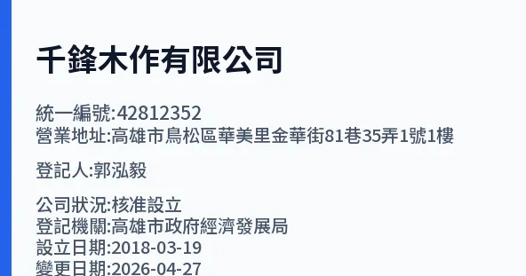 千鋒木作有限公司的照片-統編 42812352(高雄市) 公司登記資料與營業項目詳細圖表