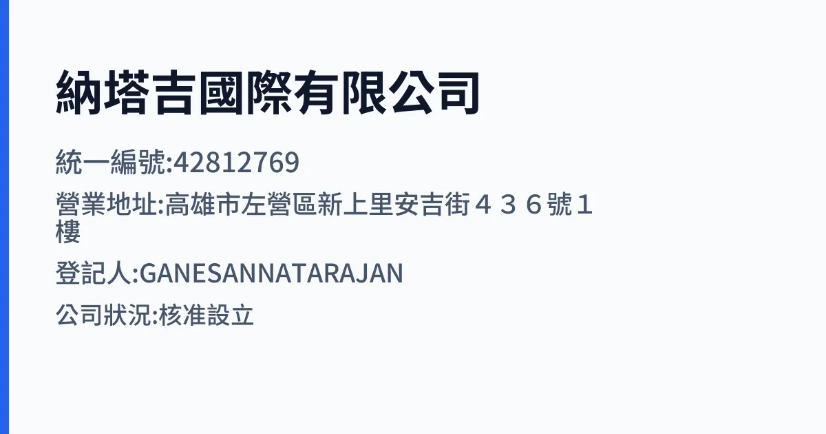 納塔吉國際有限公司 - 統編 42812769(高雄市) 公司登記資料與營業項目詳細圖表