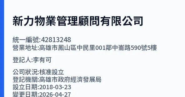 新力物業管理顧問有限公司的照片-統編 42813248(高雄市) 公司登記資料與營業項目詳細圖表