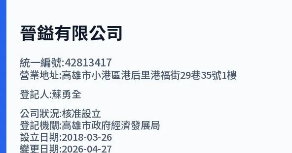 晉鎰有限公司的照片-統編 42813417(高雄市) 公司登記資料與營業項目詳細圖表