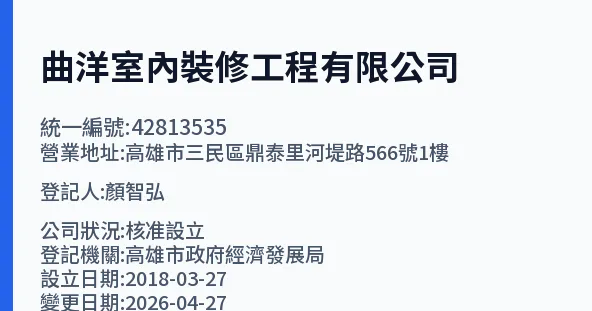曲洋室內裝修工程有限公司的照片-統編 42813535(高雄市) 公司登記資料與營業項目詳細圖表