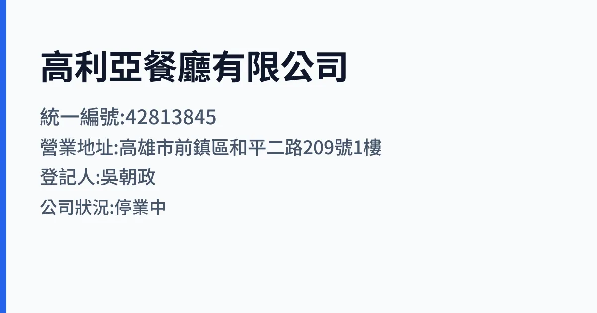 高利亞餐廳有限公司 - 統編 42813845(高雄市) 公司登記資料與營業項目詳細圖表