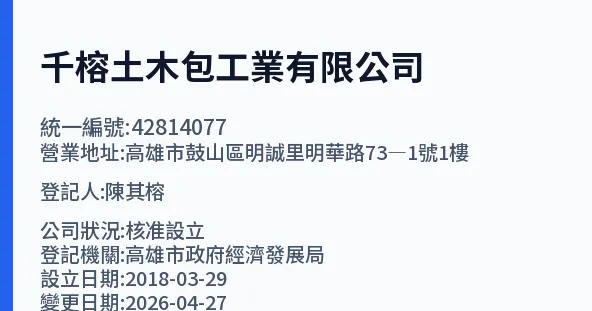 千榕土木包工業有限公司的照片-統編 42814077(高雄市) 公司登記資料與營業項目詳細圖表