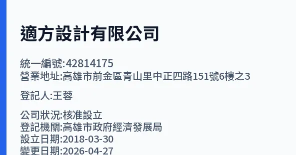 適方設計有限公司的照片-統編 42814175(高雄市) 公司登記資料與營業項目詳細圖表