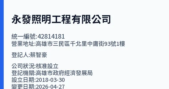 永發照明工程有限公司的照片-統編 42814181(高雄市) 公司登記資料與營業項目詳細圖表
