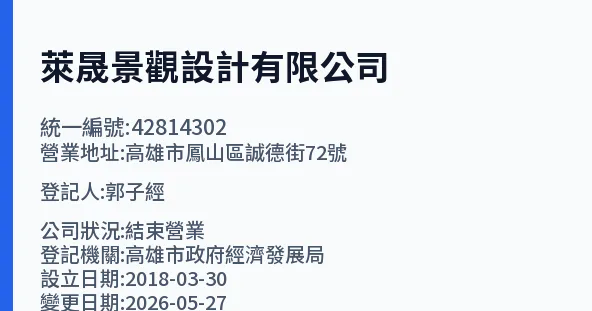 萊晟景觀設計有限公司的照片-統編 42814302(高雄市) 公司登記資料與營業項目詳細圖表