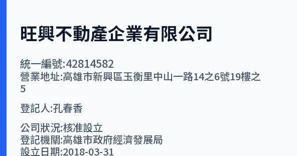 旺興不動產企業有限公司的照片-統編 42814582(高雄市) 公司登記資料與營業項目詳細圖表