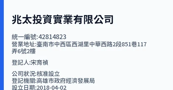 兆太投資實業有限公司的照片-統編 42814823(臺南市) 公司登記資料與營業項目詳細圖表