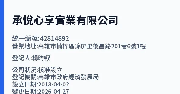 承悅心享實業有限公司的照片-統編 42814892(高雄市) 公司登記資料與營業項目詳細圖表