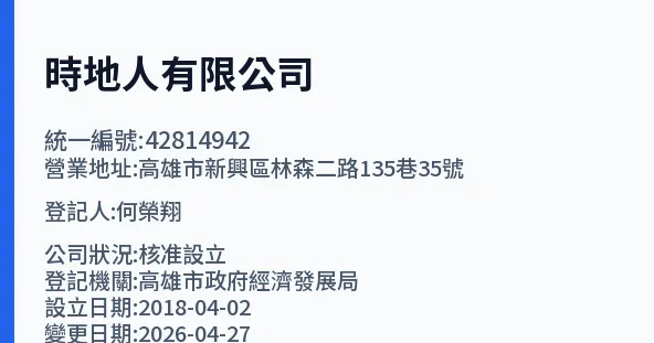 時地人有限公司的照片-統編 42814942(高雄市) 公司登記資料與營業項目詳細圖表