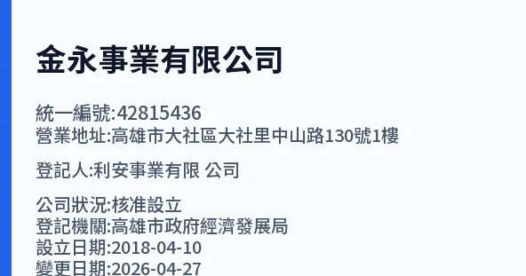金永事業有限公司的照片-統編 42815436(高雄市) 公司登記資料與營業項目詳細圖表