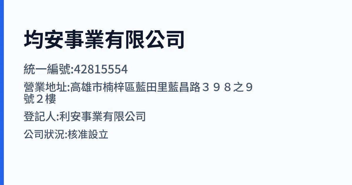 均安事業有限公司 - 統編 42815554(高雄市) 公司登記資料與營業項目詳細圖表