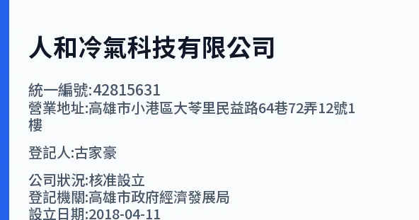 人和冷氣科技有限公司的照片-統編 42815631(高雄市) 公司登記資料與營業項目詳細圖表