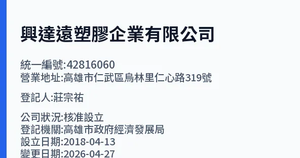 興達遠塑膠企業有限公司的照片-統編 42816060(高雄市) 公司登記資料與營業項目詳細圖表