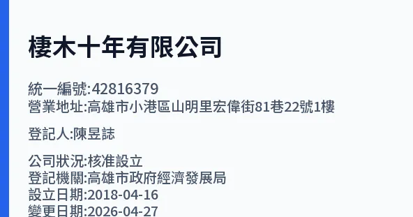 棲木十年有限公司的照片-統編 42816379(高雄市) 公司登記資料與營業項目詳細圖表