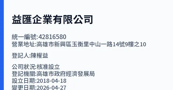益匯企業有限公司的照片-統編 42816580(高雄市) 公司登記資料與營業項目詳細圖表