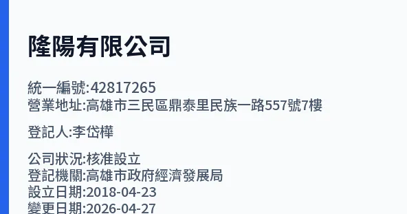 隆陽有限公司的照片-統編 42817265(高雄市) 公司登記資料與營業項目詳細圖表