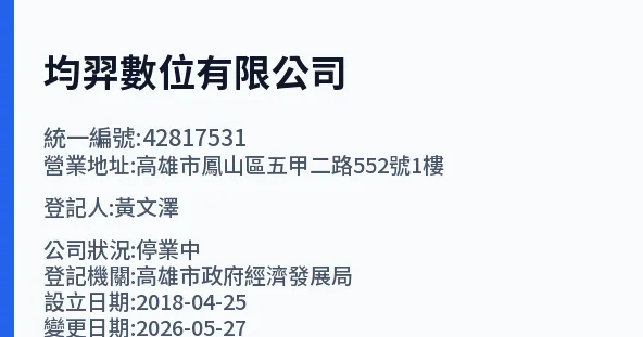 均羿數位有限公司的照片-統編 42817531(高雄市) 公司登記資料與營業項目詳細圖表