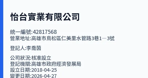 怡台實業有限公司的照片-統編 42817568(高雄市) 公司登記資料與營業項目詳細圖表