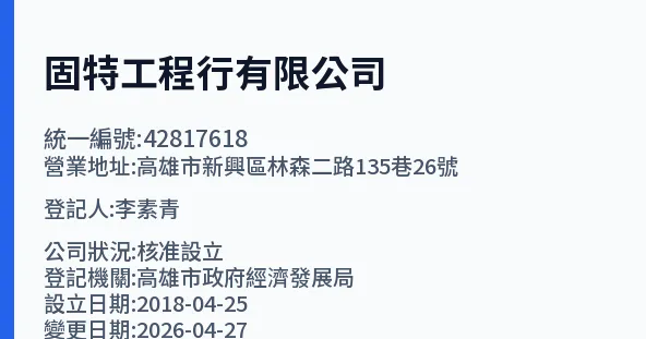 固特工程行有限公司的照片-統編 42817618(高雄市) 公司登記資料與營業項目詳細圖表
