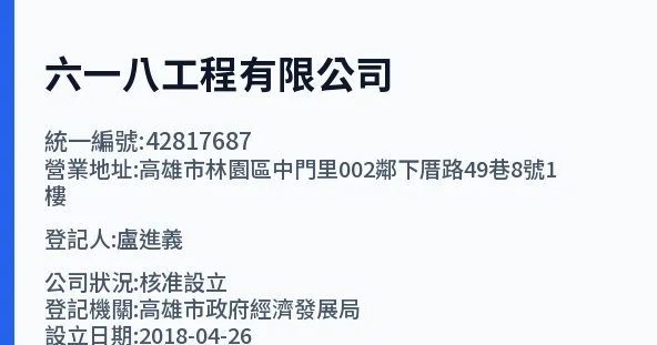 六一八工程有限公司的照片-統編 42817687(高雄市) 公司登記資料與營業項目詳細圖表