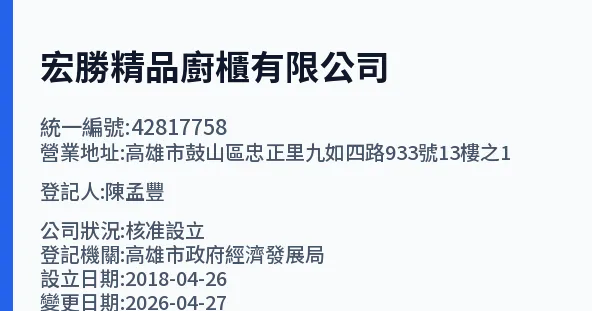 宏勝精品廚櫃有限公司的照片-統編 42817758(高雄市) 公司登記資料與營業項目詳細圖表