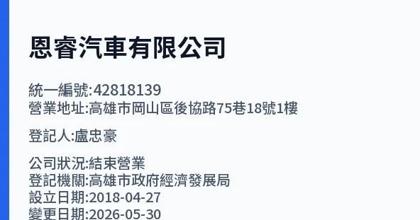 恩睿汽車有限公司的照片-統編 42818139(高雄市) 公司登記資料與營業項目詳細圖表