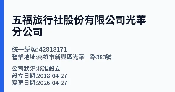 五福旅行社股份有限公司光華分公司的照片-統編 42818171(高雄市) 公司登記資料與營業項目詳細圖表