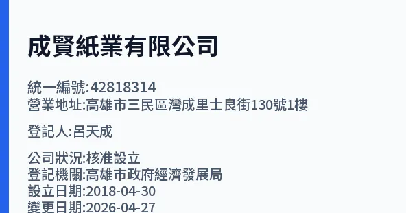 成賢紙業有限公司的照片-統編 42818314(高雄市) 公司登記資料與營業項目詳細圖表