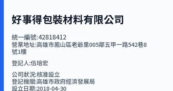 好事得包裝材料有限公司的照片-統編 42818412(高雄市) 公司登記資料與營業項目詳細圖表