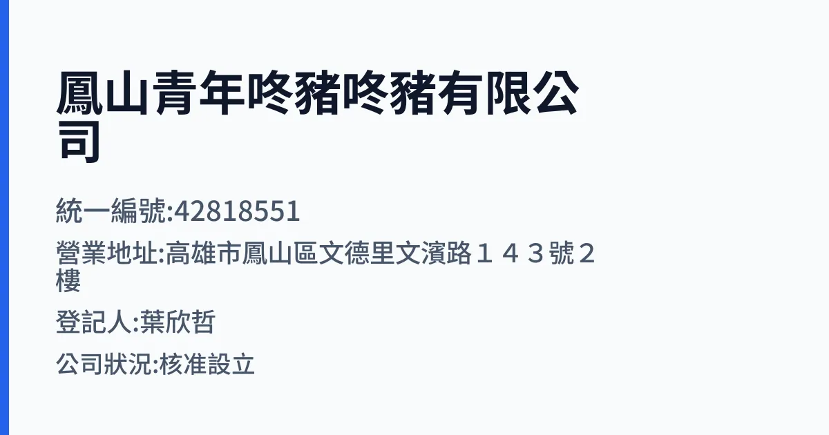 鳳山青年咚豬咚豬有限公司 - 統編 42818551(高雄市) 公司登記資料與營業項目詳細圖表