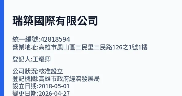 瑞築國際有限公司的照片-統編 42818594(高雄市) 公司登記資料與營業項目詳細圖表