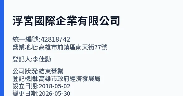 浮宮國際企業有限公司的照片-統編 42818742(高雄市) 公司登記資料與營業項目詳細圖表