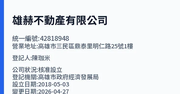 雄赫不動產有限公司的照片-統編 42818948(高雄市) 公司登記資料與營業項目詳細圖表