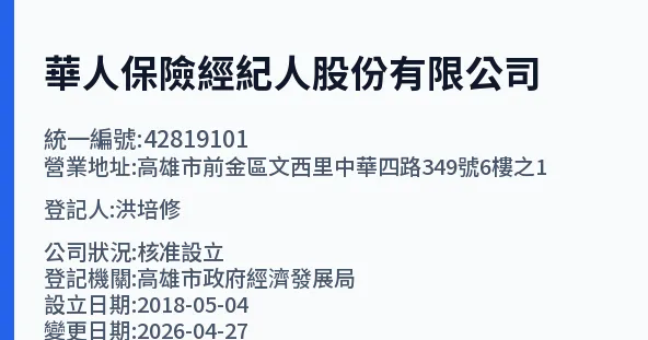 華人保險經紀人股份有限公司的照片-統編 42819101(高雄市) 公司登記資料與營業項目詳細圖表