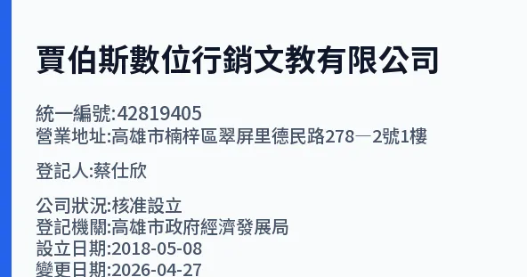 賈伯斯數位行銷文教有限公司的照片-統編 42819405(高雄市) 公司登記資料與營業項目詳細圖表